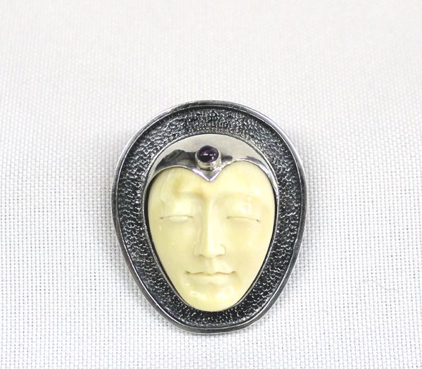 Carved Ivory Face Set in Sterling Brooch Pendant