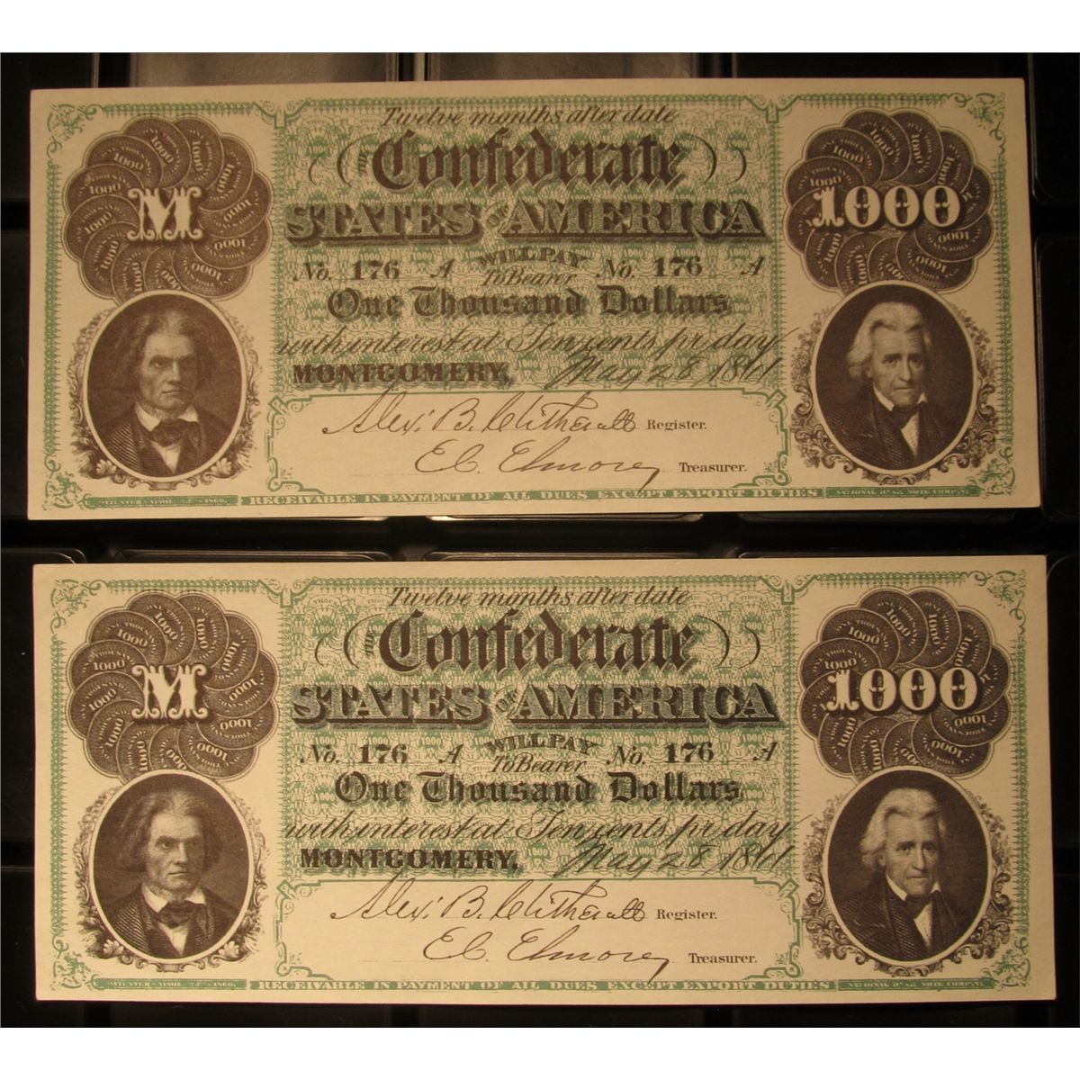 592. (2) Facsimile $1000 Confederate States of America Bank Notes. CU.
