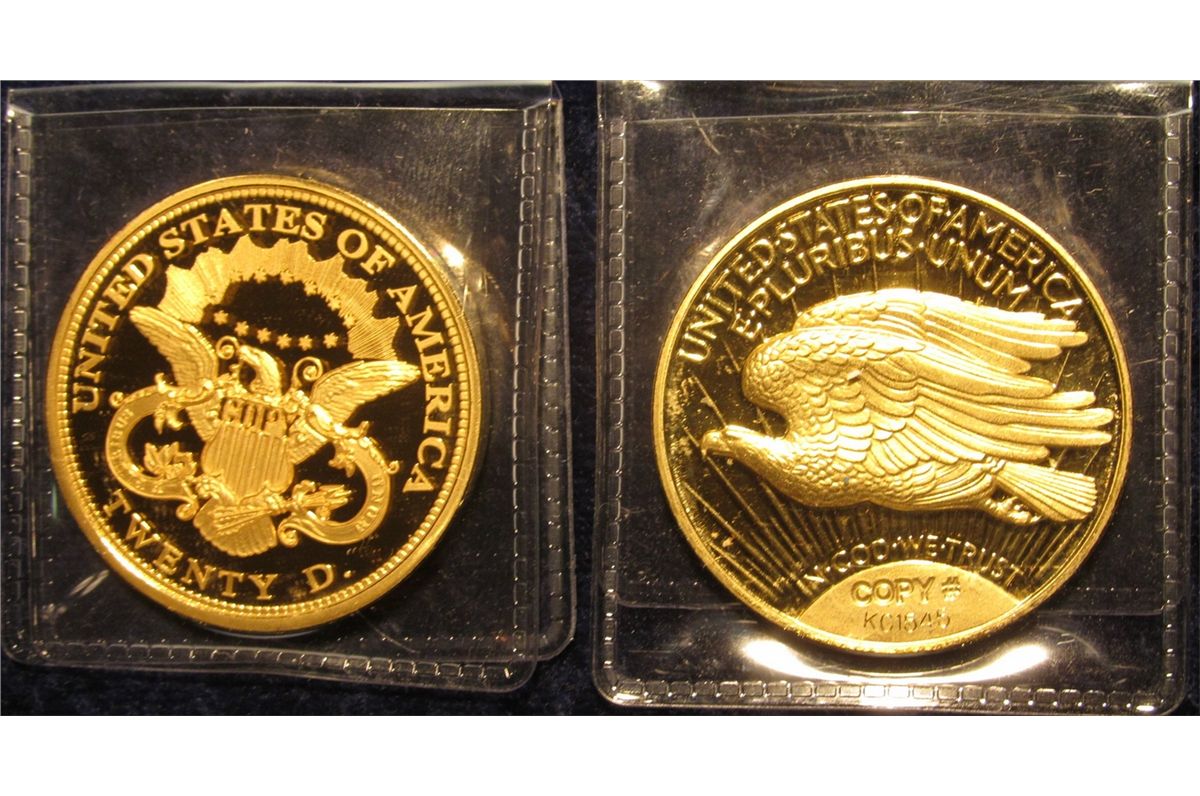 1542. 2 replica gold-plated copies of classic $20 US gold coins, the ...