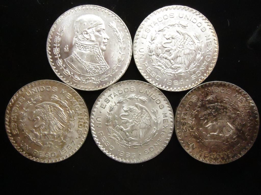 5 ASSORTED MEXICAN SILVER PESOS