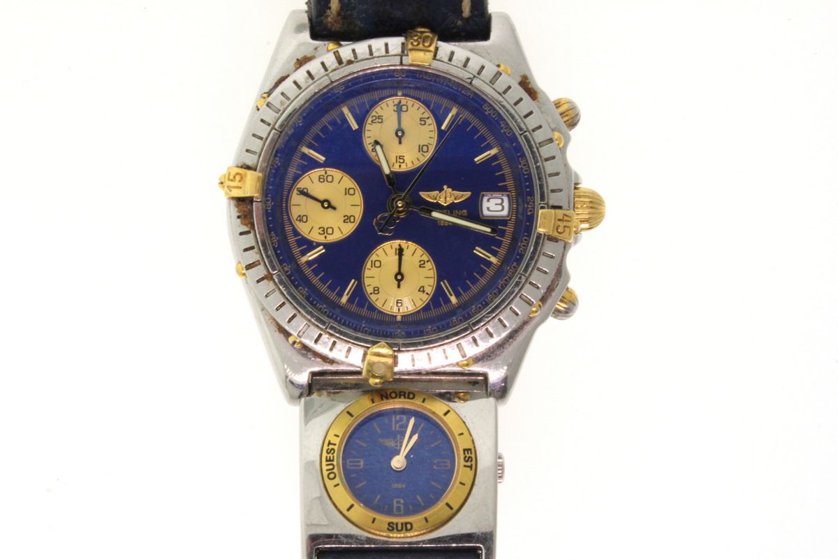 WATCH: [1] Men's St. Steel & 18ky Breitling 100M watch; blue face, 3 ...