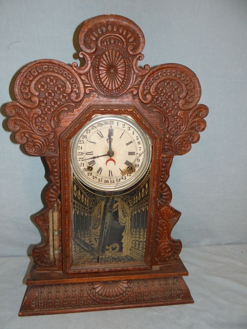 Ingraham ginger bread clock, w/ barometer, w/ paper label on back ...