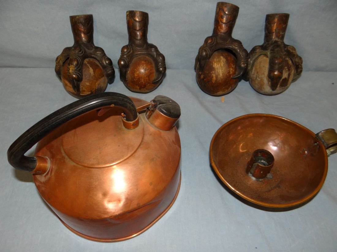 Copper tea kettle, copper candlestick holder, & 4 brass claw feet w ...