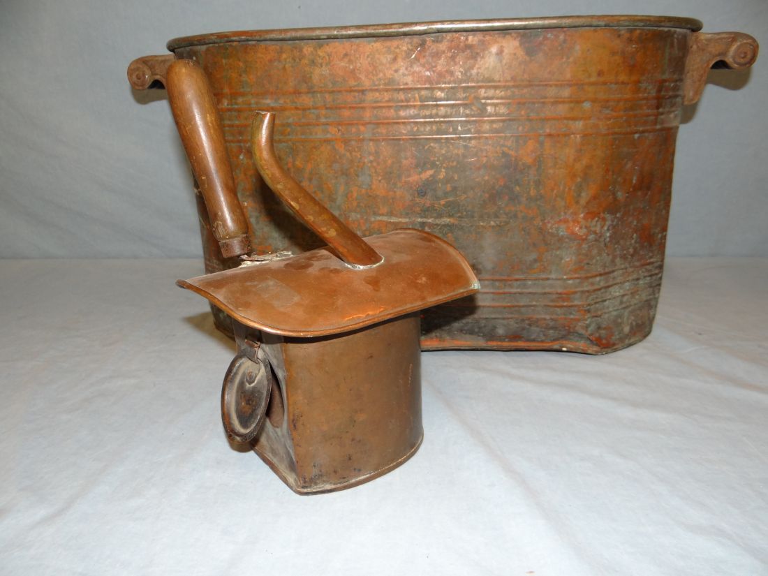 Copper boiler, no lid, & small copper container w/ handle & spout