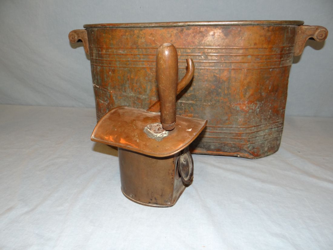 Copper boiler, no lid, & small copper container w/ handle & spout
