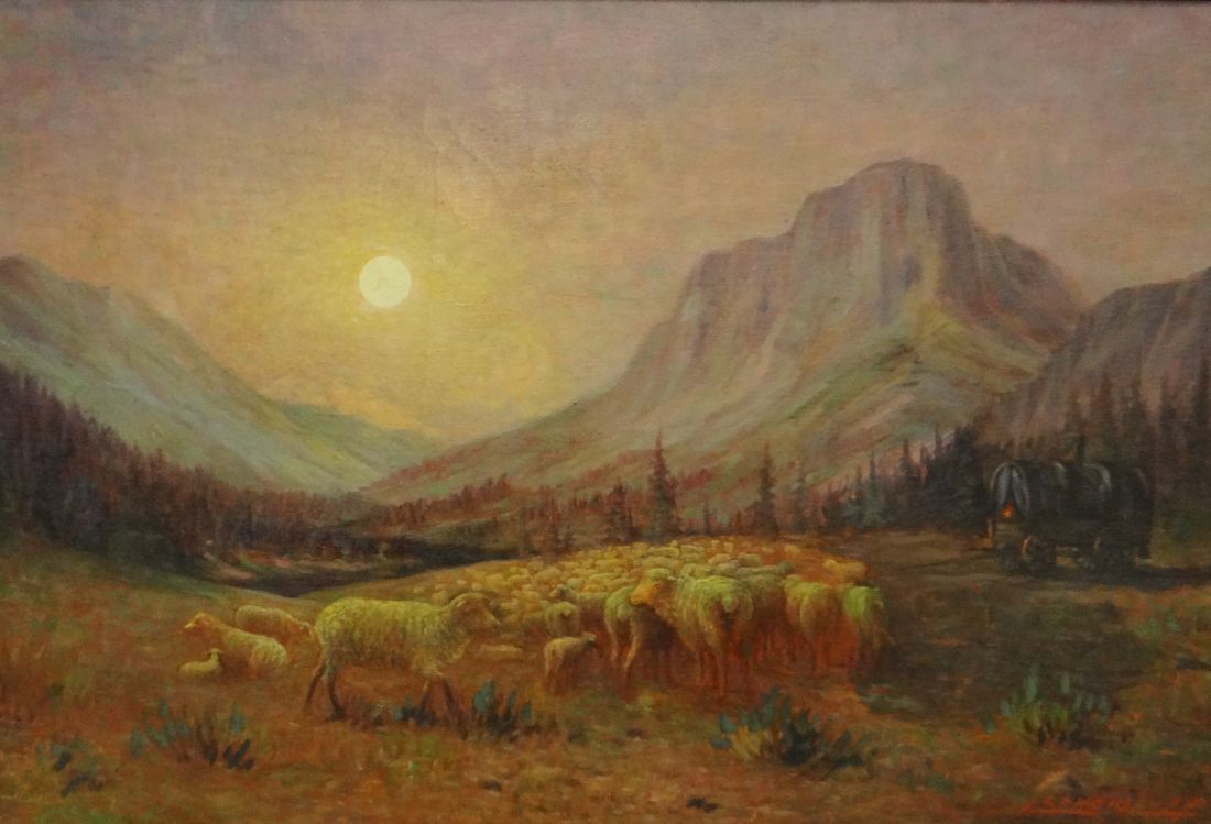 Leonard Lopp, sheep & wagon, original oil on canvas, 30" x 20", framed