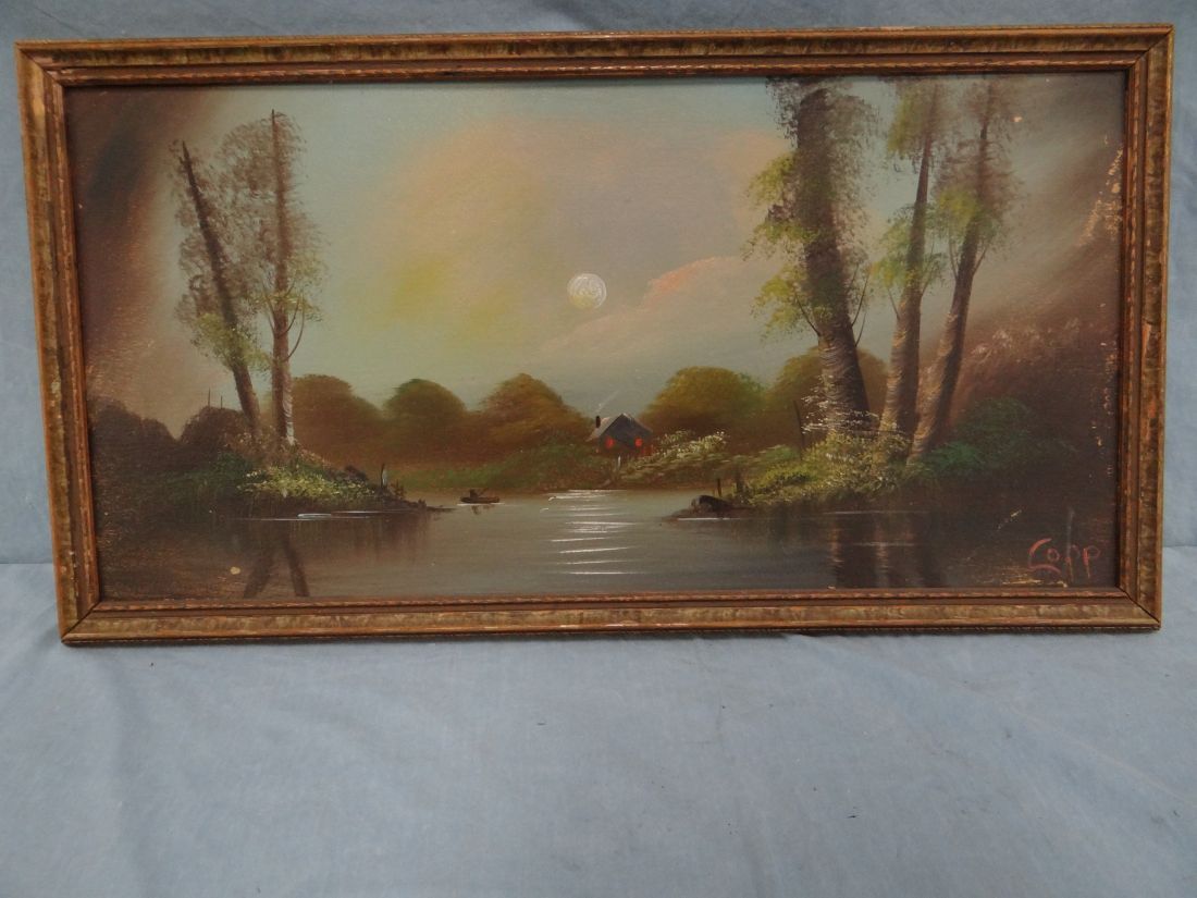 Leonard Lopp, fisherman on lake, original oil on board, 24" x 12"