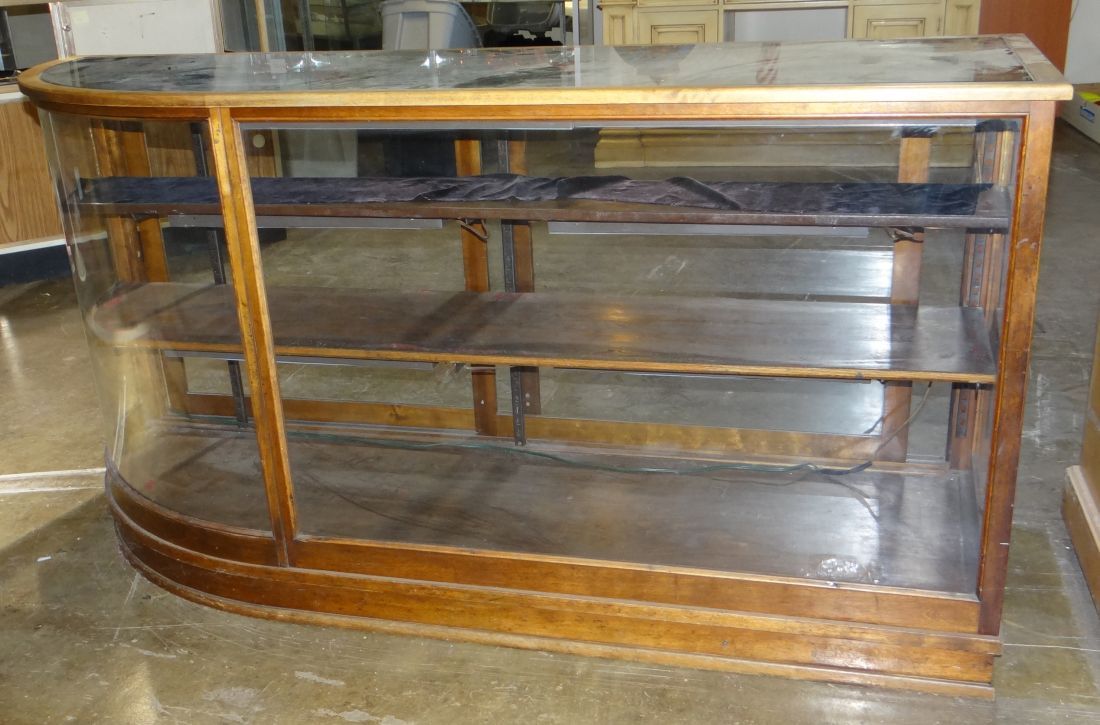 Maple & glass display case, curved corner, 72" l x 38" h x 20" deep