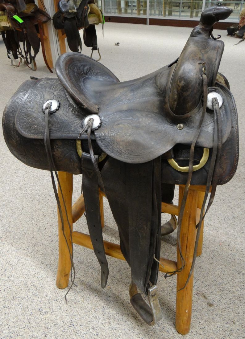 Porter 14" saddle, dble rigged, fancy flower tooled, sq. skirts, fancy ...