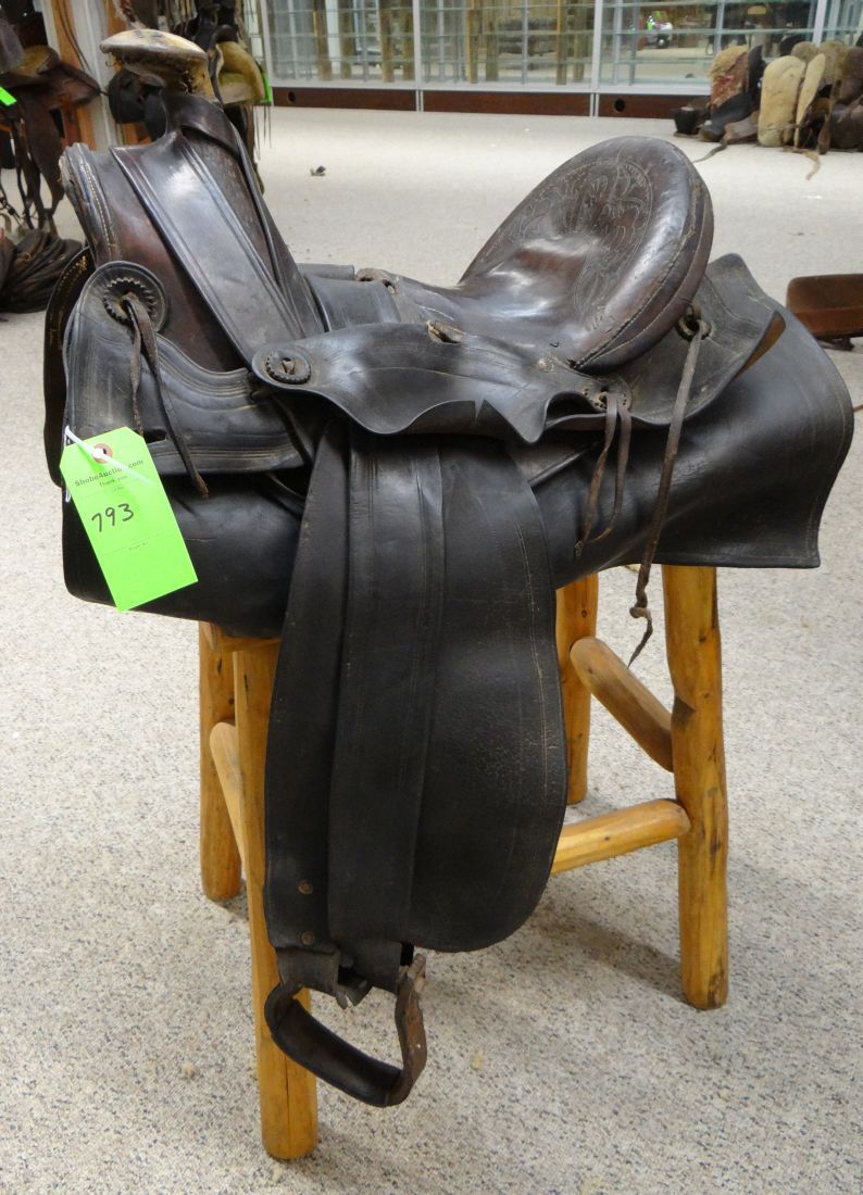 Sam Stagg rigged saddle, marked VR Goss, Deer Lodge, M. T., rough