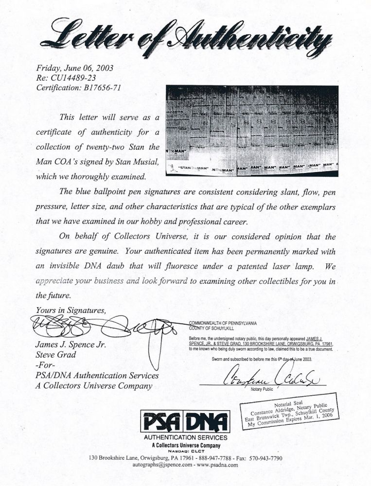 Stan Musial Signed "Stan The Man" Letter of Authenticity (PSA LOA)