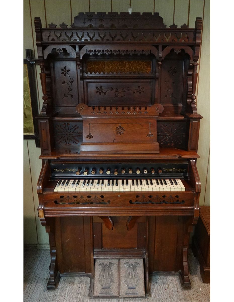 Fancy oak upright pump organ, made by Chicago College Organ Co., very ...