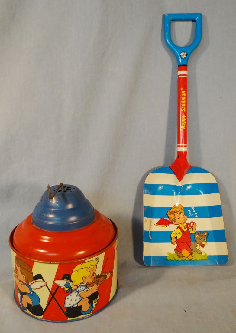 Ohio Art music box & "Happy Sandman" shovel, tin