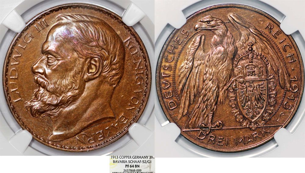 Germany. Bavaria. Ludwig III (1913-1918). PATTERN Bronze 3 Mark 1913 ...