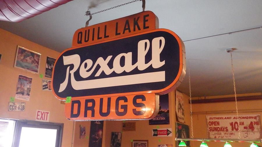 Antique Quill Lake Rexall Drugs sign