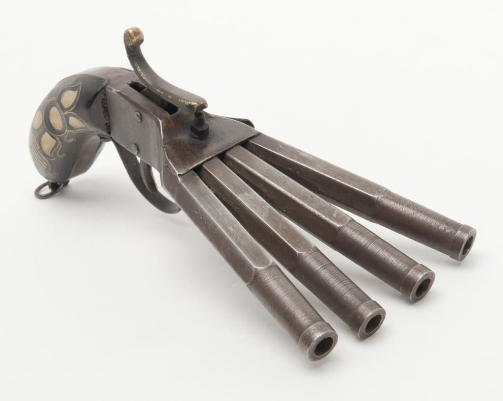 Asian reproduction 4 barrel percussion “duck foot” pistol with belt ...