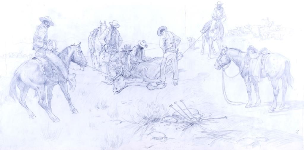 XIT ranch branding pencil sketch by noted cowboy artist Charlie Dye ...