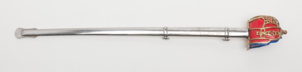 Full hilt sword with brass basket guard and red and blue cover, metal ...