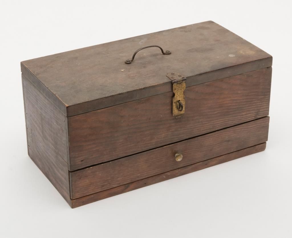 Wooden shooters box with cleaning supplies, misc. .22 ammo, .45 ammo ...