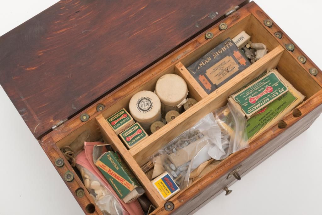 Wooden shooters box with cleaning supplies, misc. .22 ammo, .45 ammo ...