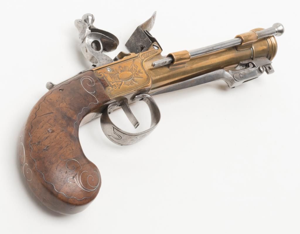 Continental brass flintlock cannon barrel pistol with spring bayonet ...
