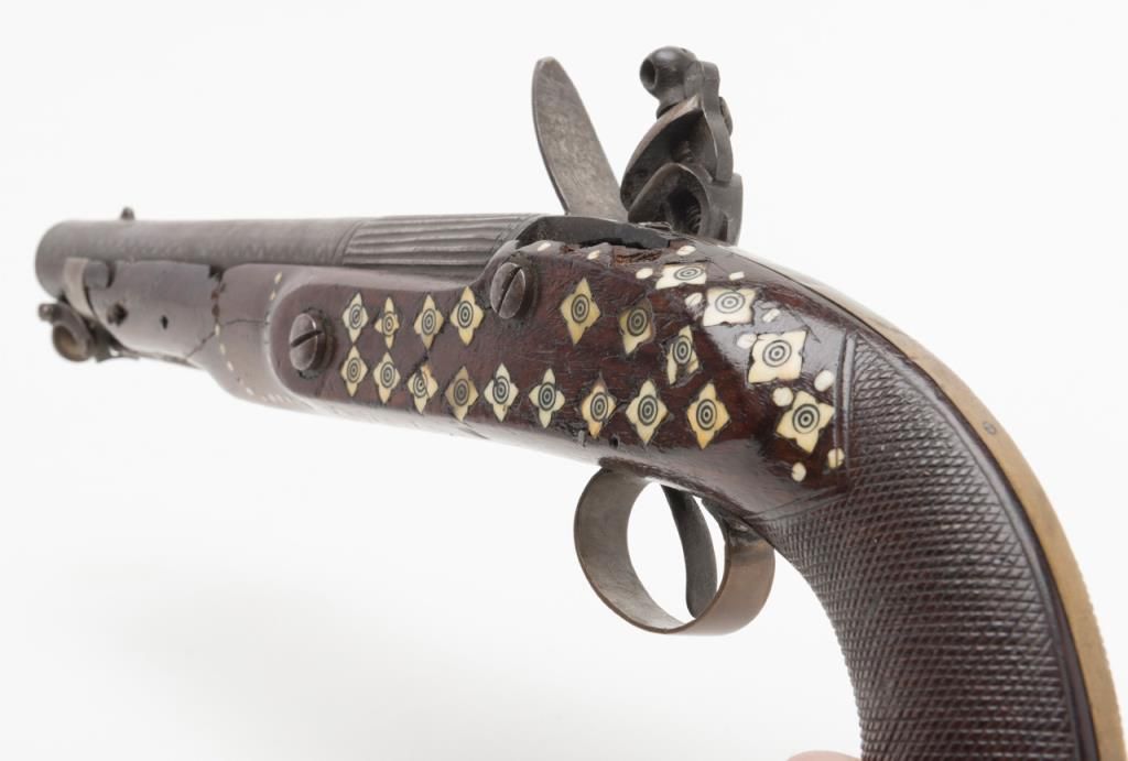 Flintlock pistol, .60 cal., 8” barrel, decorated checkered wood stock ...