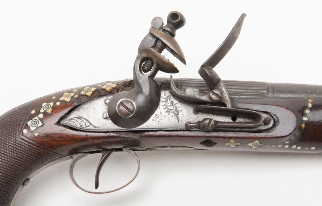 Flintlock pistol, .60 cal., 8” barrel, decorated checkered wood stock ...
