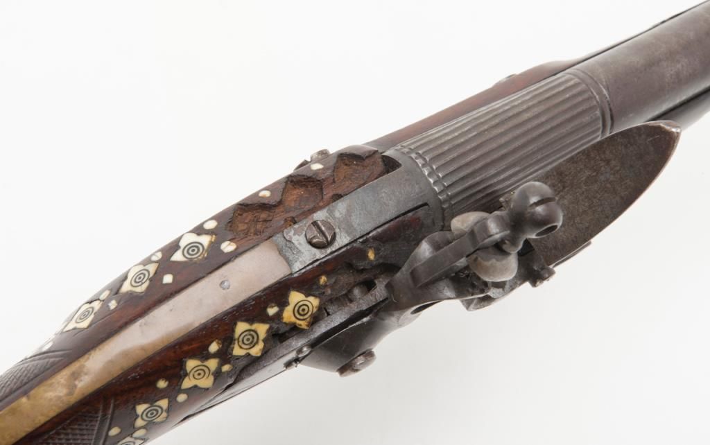 Flintlock pistol, .60 cal., 8” barrel, decorated checkered wood stock ...