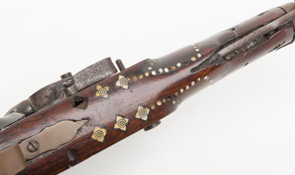 Flintlock pistol, .60 cal., 8” barrel, decorated checkered wood stock ...