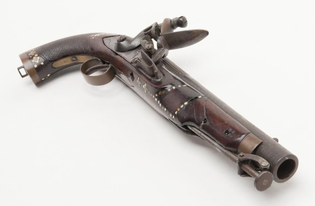 Flintlock pistol, .60 cal., 8” barrel, decorated checkered wood stock ...