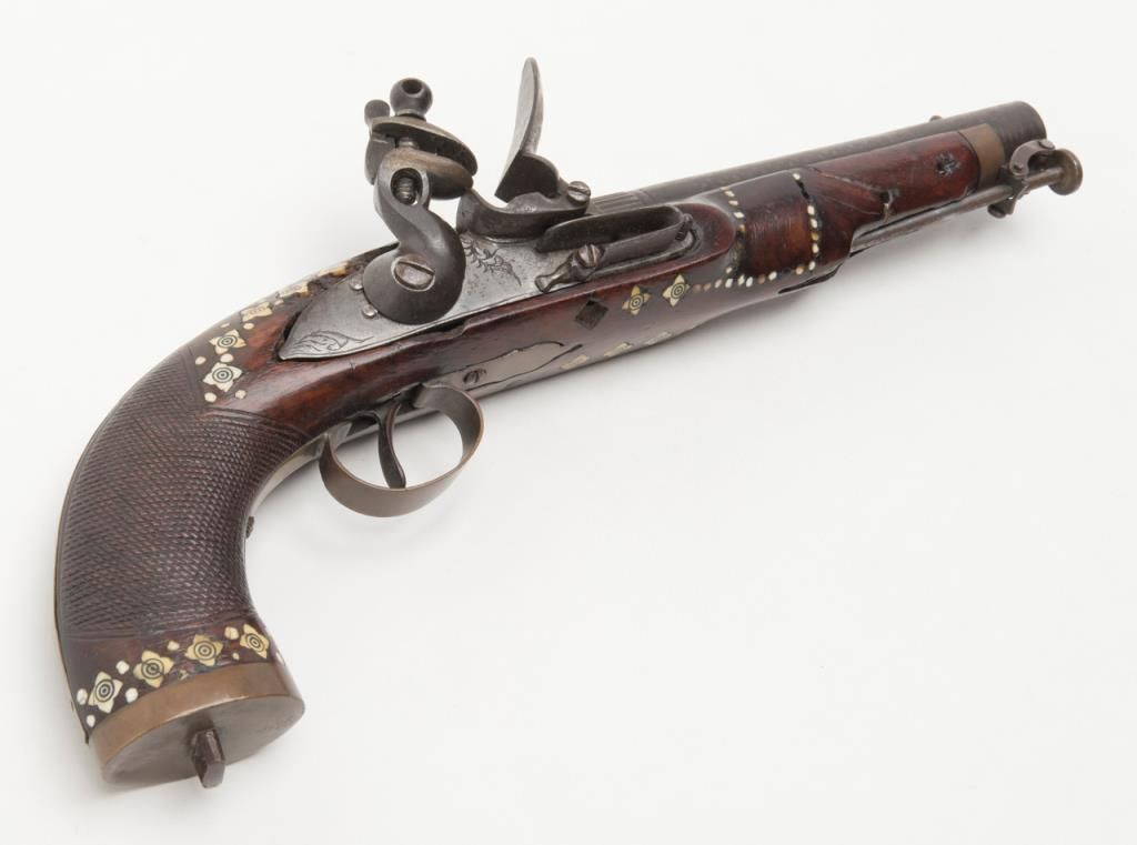 Flintlock pistol, .60 cal., 8” barrel, decorated checkered wood stock ...