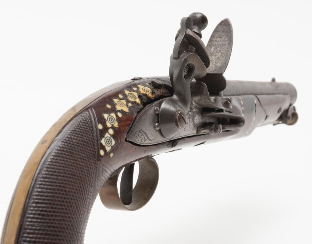 Flintlock pistol, .60 cal., 8” barrel, decorated checkered wood stock ...