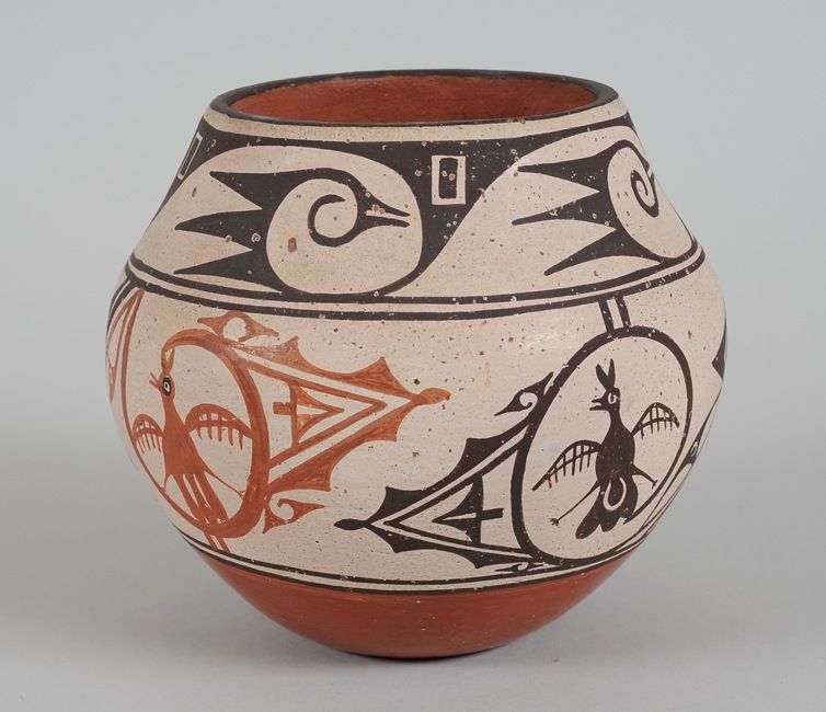 Zia Pueblo Pottery Jar with Spalling and Unique Thunderbird Design ca ...