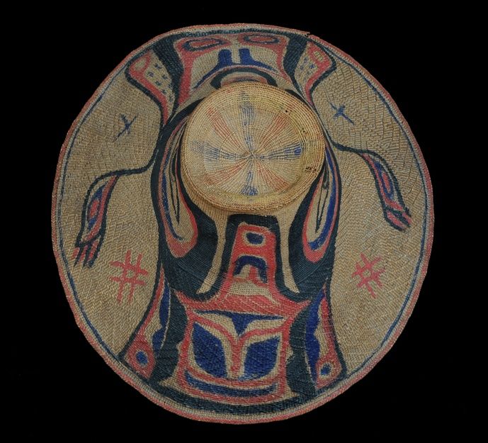 19TH C. Haida Spruce Root Basketry Hat with Painted Design 15" D. 8" H ...