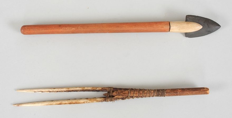 Tlingit Salmon Spear Head Carved Bone and Wood ca. 1920 10 3/4" L. and ...