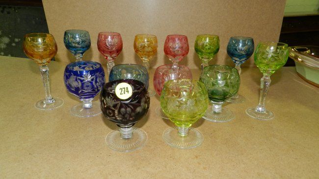 group of cut and colored German stemware, cond VG