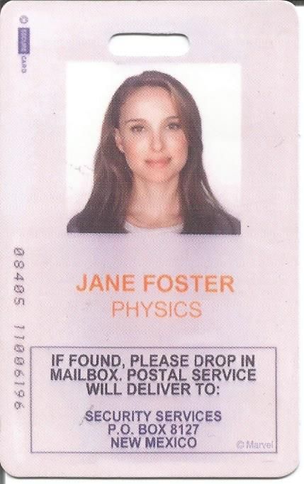 THOR prop ID card of Natalie Portman used in production of the first film