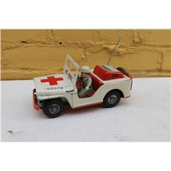 Red Cross Jeep, Japan Friction Toy 7 1/2" Long