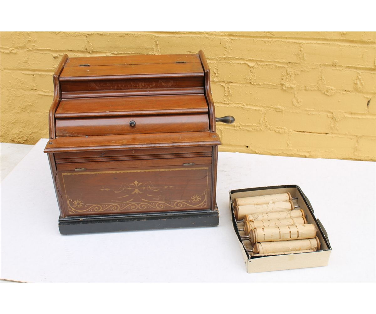 1885 Antique Roller Organ, Mandolina Musical Machine w/Rolls