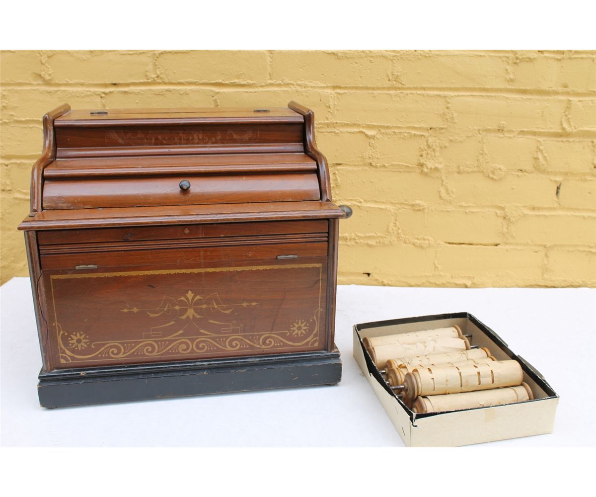 1885 Antique Roller Organ, Mandolina Musical Machine w/Rolls