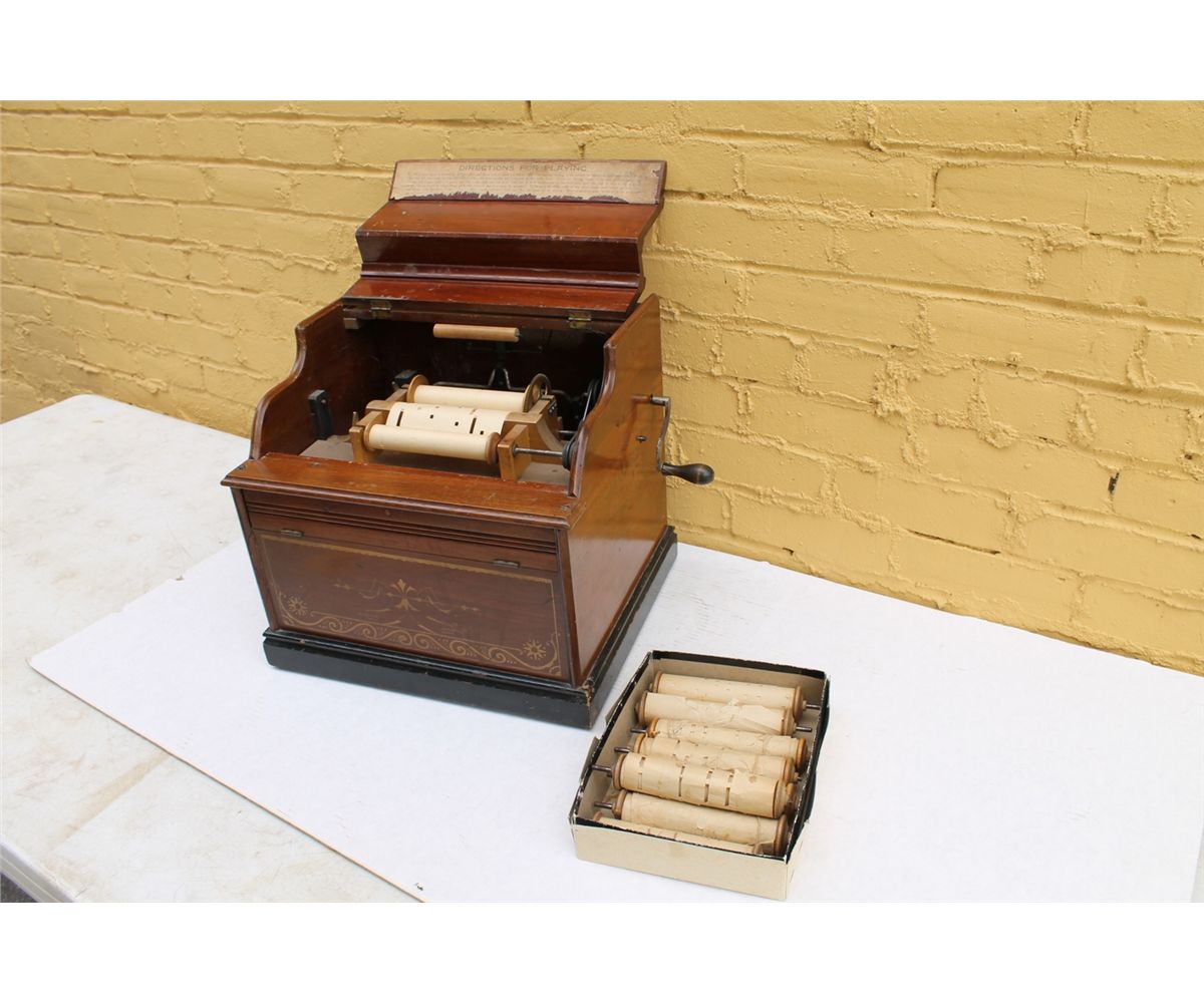 1885 Antique Roller Organ, Mandolina Musical Machine w/Rolls