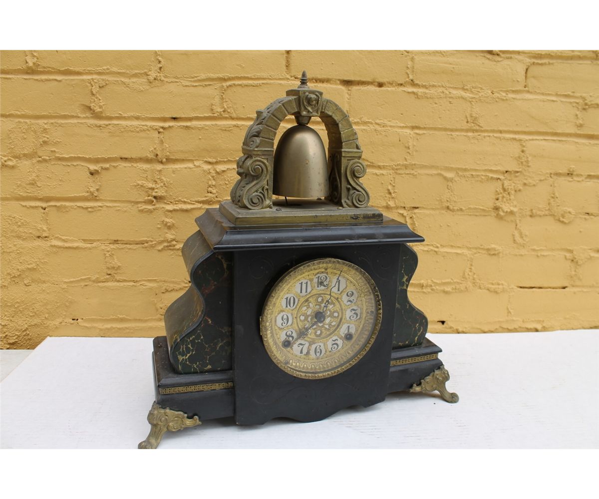 Fancy Gilbert Key Wind Mantel Clock w/Bell Alarm on Top 17" x 16"