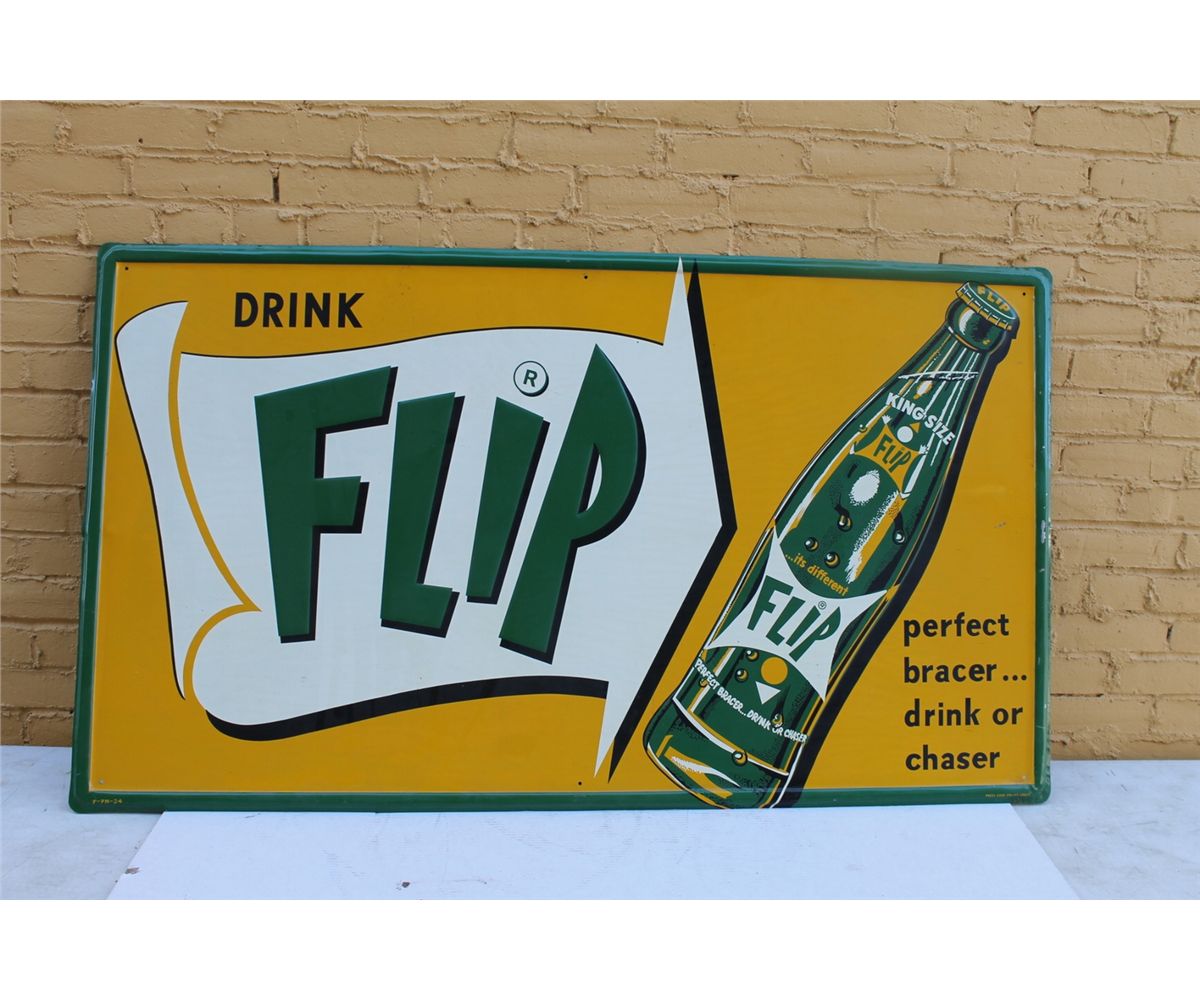 Flip Soda Pop Embossed Tin Sign, By Press Sign Co St. Louis 56" x 32"