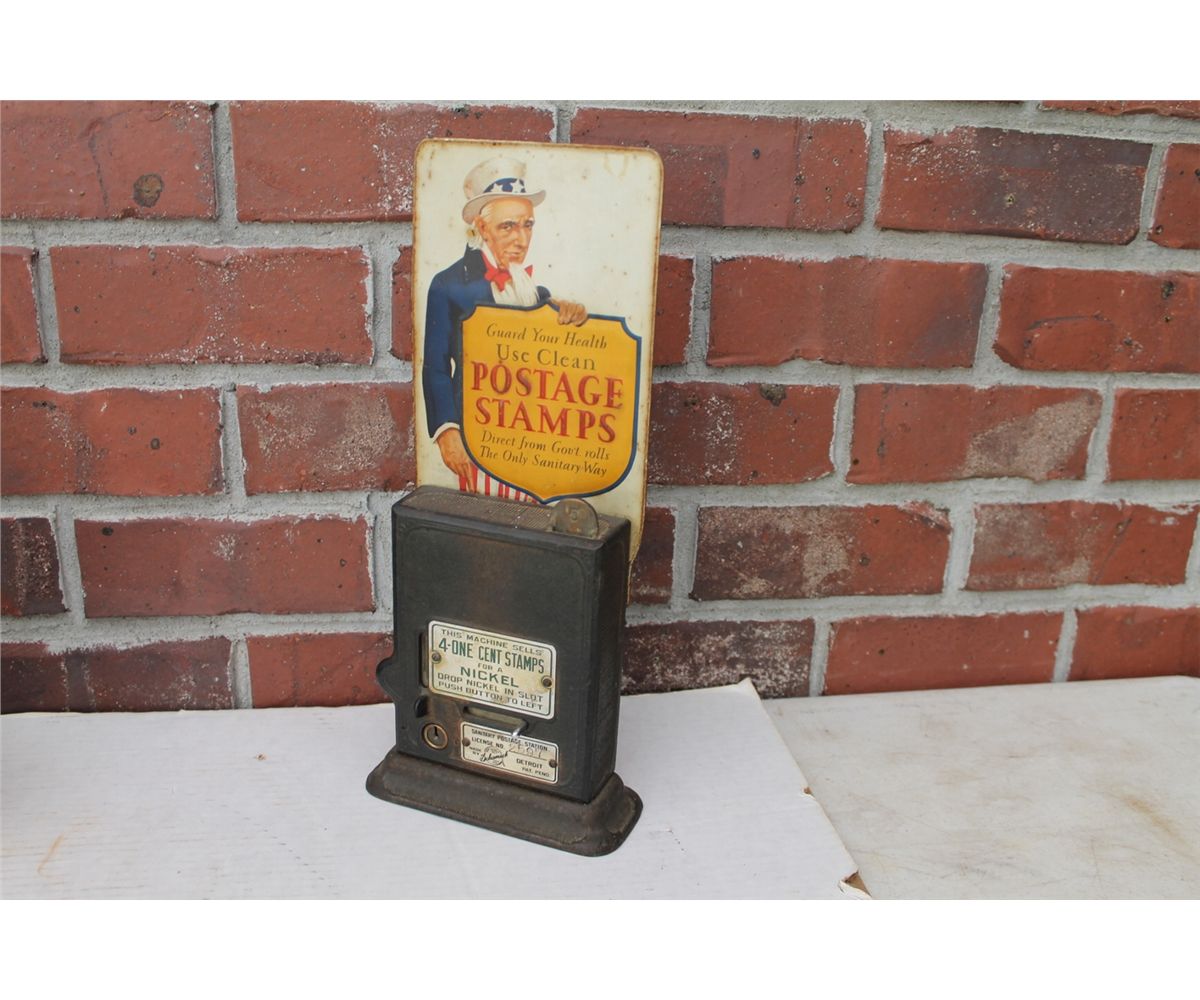 Schermack Coin Operated Postage Stamp Vender, Uncle Sam Tin Sign