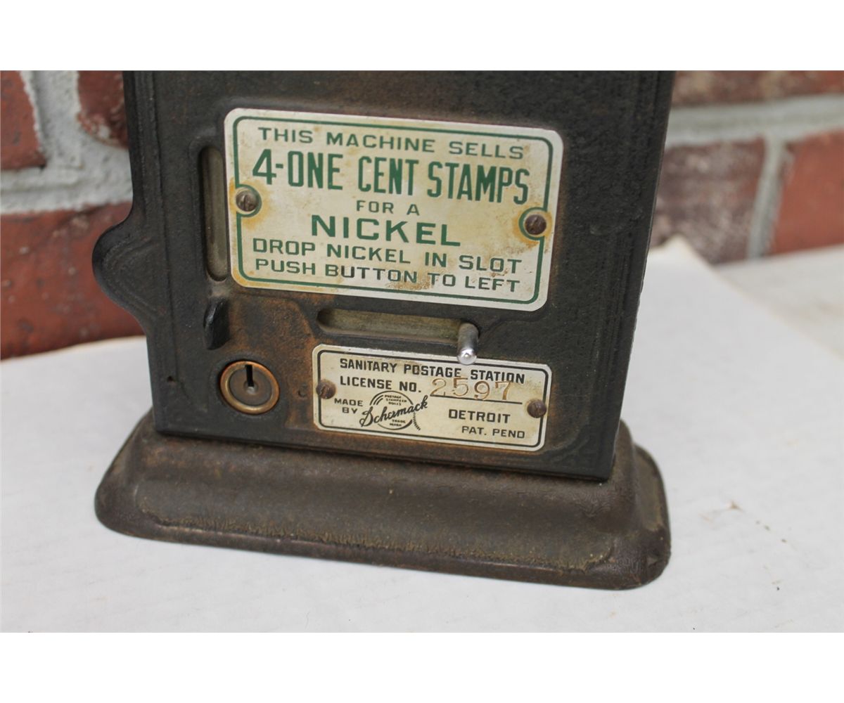 Schermack Coin Operated Postage Stamp Vender, Uncle Sam Tin Sign