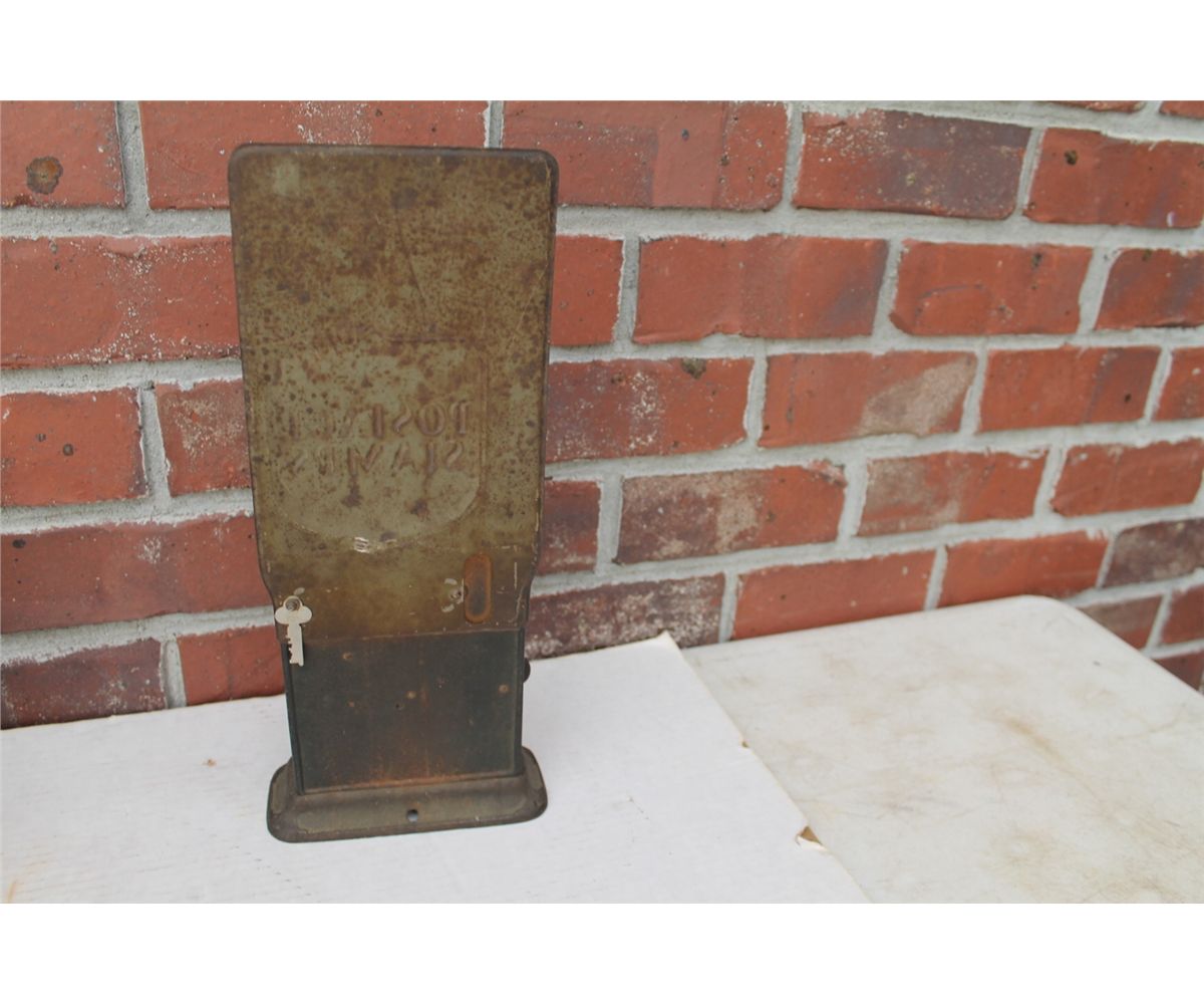 Schermack Coin Operated Postage Stamp Vender, Uncle Sam Tin Sign