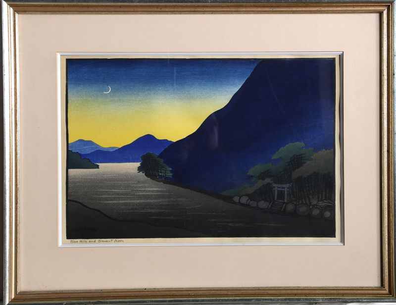 Lilian May Miller, Blue Hills and Crescent Moon, Woodcut