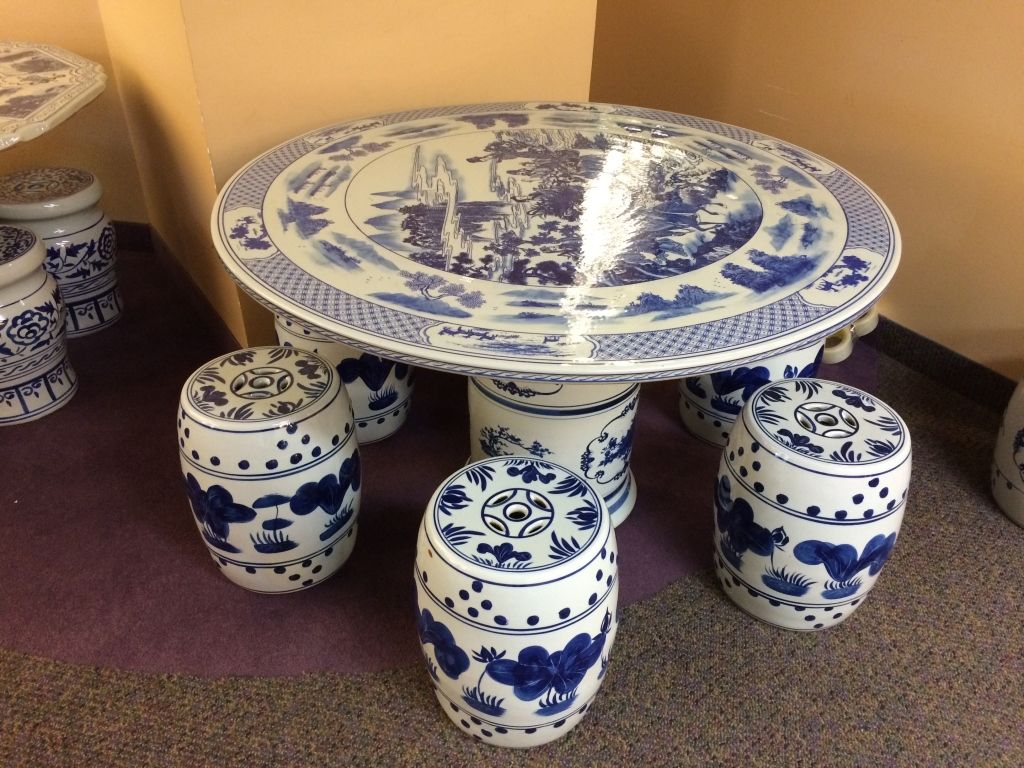 Hand Crafted Chinese Porcelain Pedestal Dinette Table and 6 Matching ...