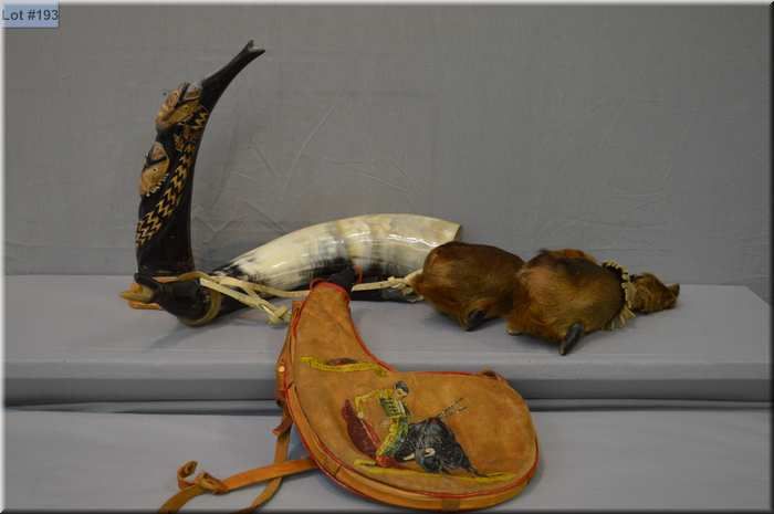 Selection of collectibles including carved horn "owl" motif statue ...