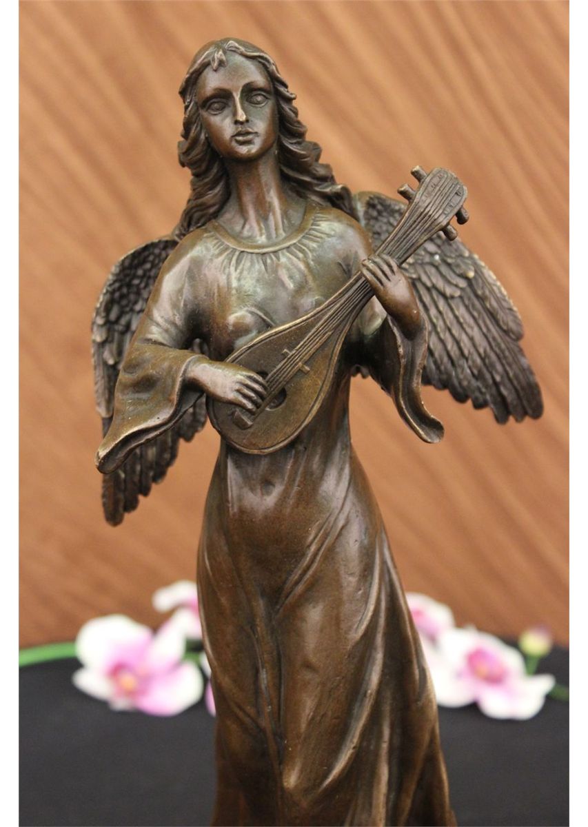 15"x6" Bronze Sculpture Divine Angel Playing Lute Music Marble Statue ...